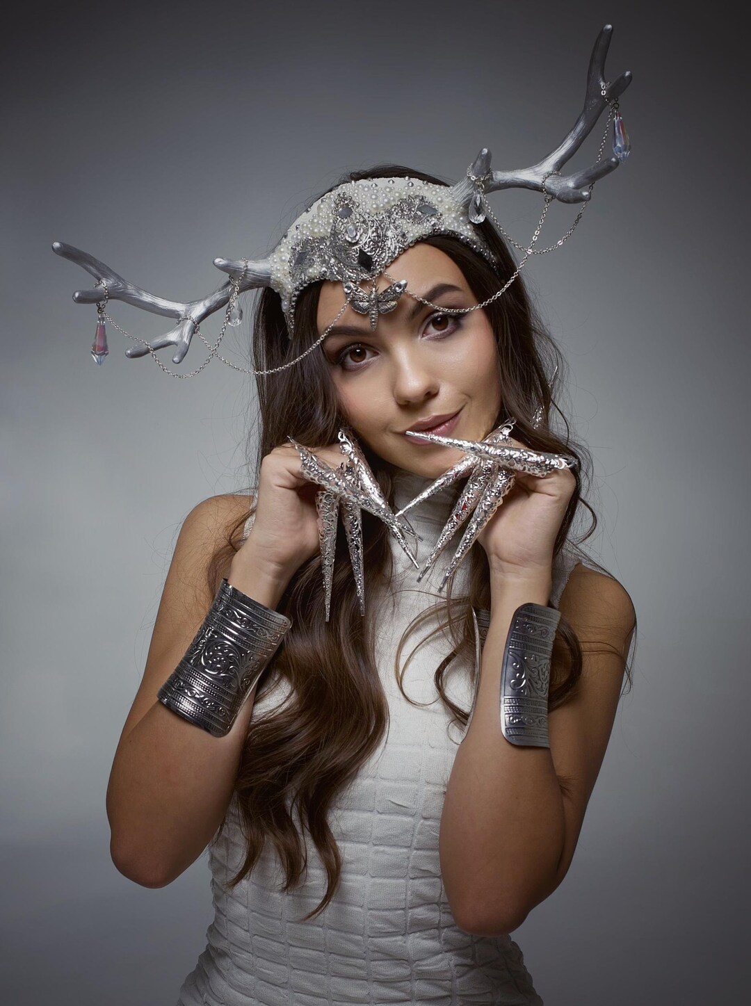 Silver Deer Antlers With Sparkling Rhinestones, Pearls, Chains and ...