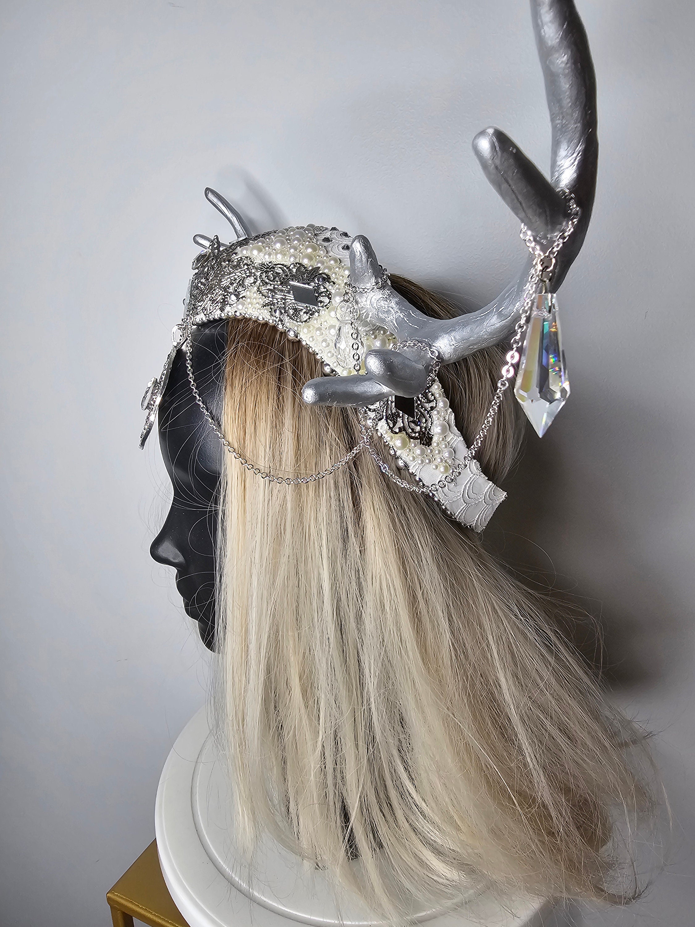 Silver Deer Antlers With Sparkling Rhinestones, Pearls, Chains and ...