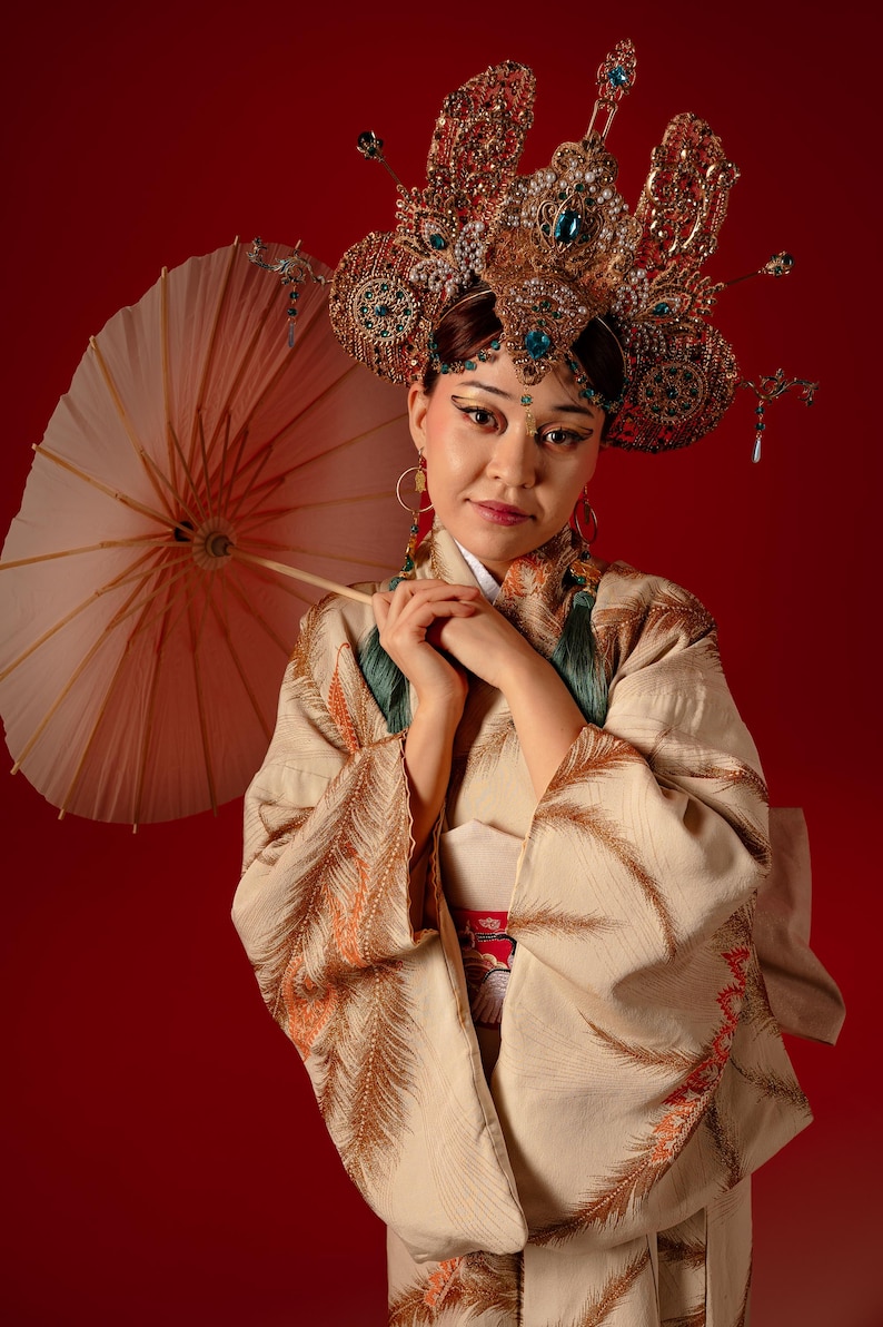 Geisha Inspired Golden Asian Princess Crown With Turquoise Gems - Etsy