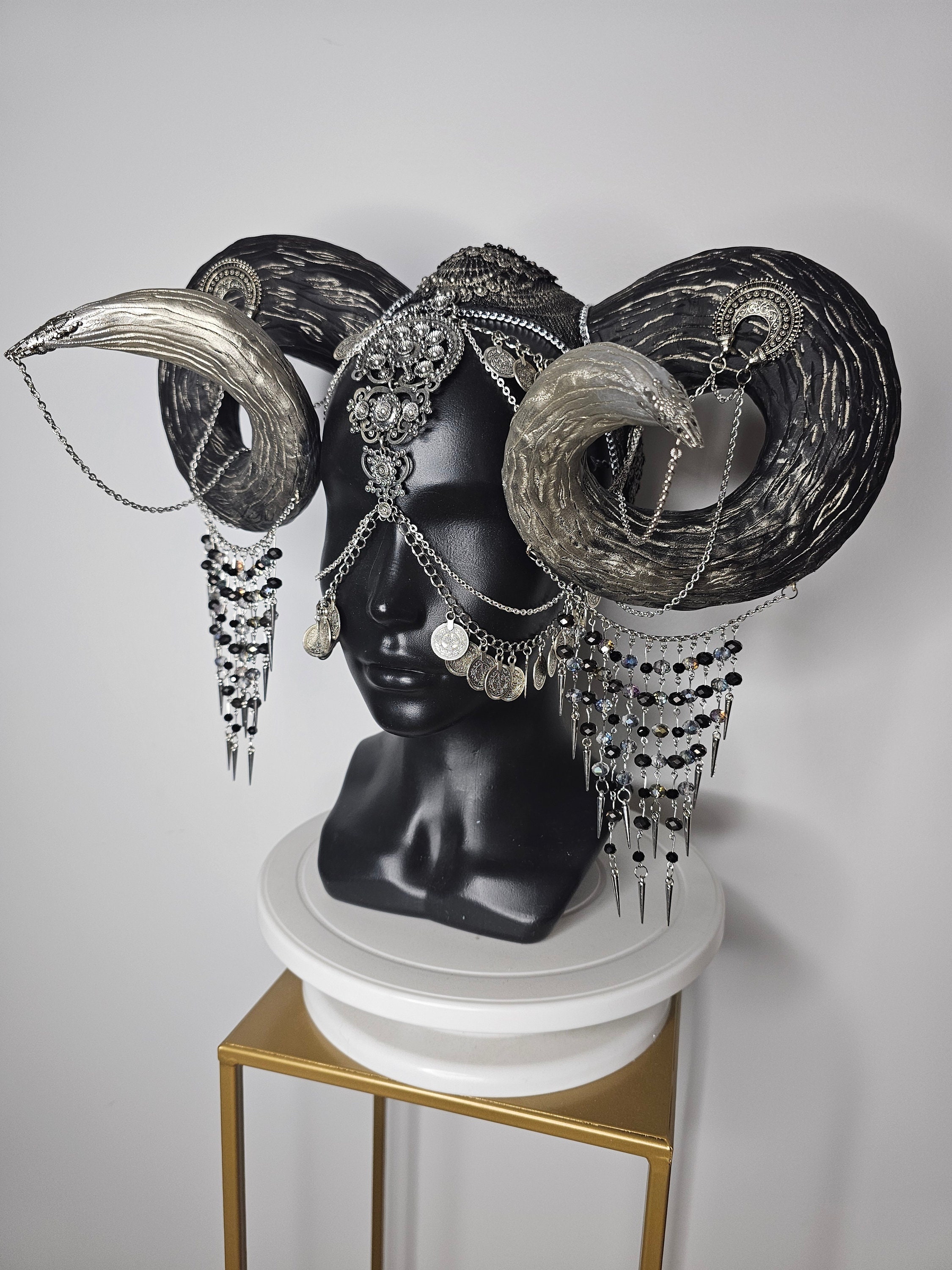 Silver Ram Horns Headdress With Gypsy Coins and Face Chains - Etsy