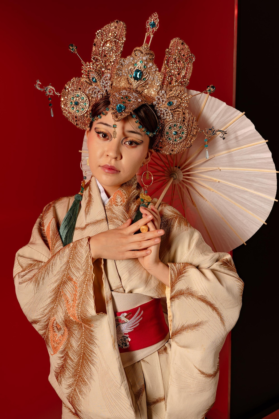 Geisha Inspired Golden Asian Princess Crown With Turquoise Gems - Etsy