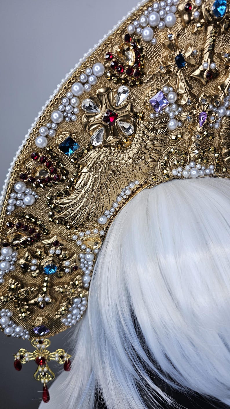 Golden Angelic Kokoshnik Crown With Crosses and Colorful Gems - Etsy