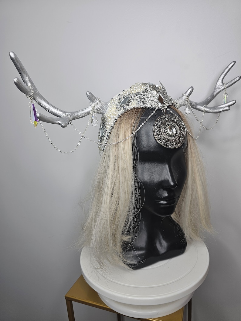 Silver Deer Antlers With Sparkling Rhinestones, Pearls, Chains and ...