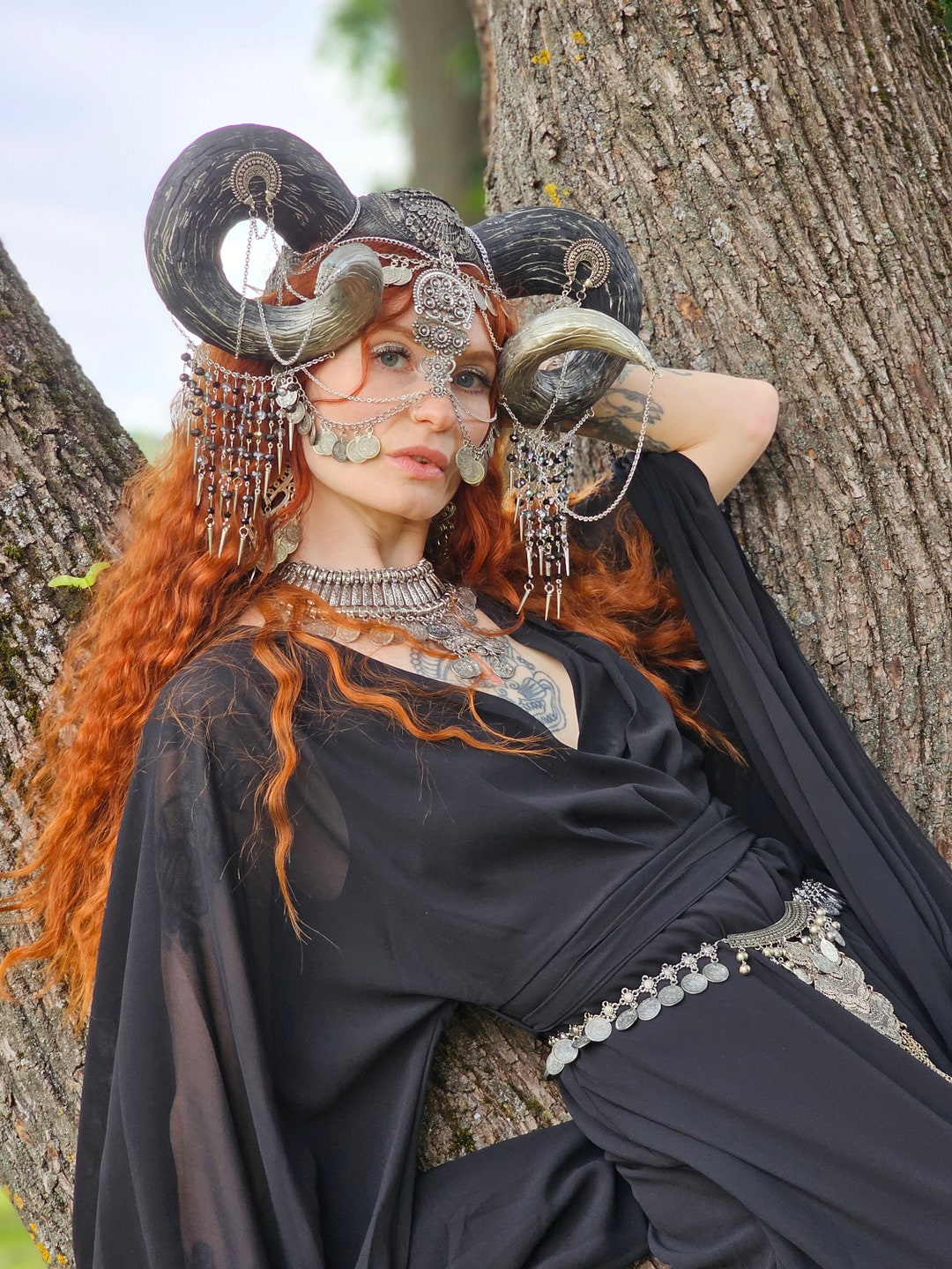 Silver Ram Horns Headdress With Gypsy Coins and Face Chains - Etsy