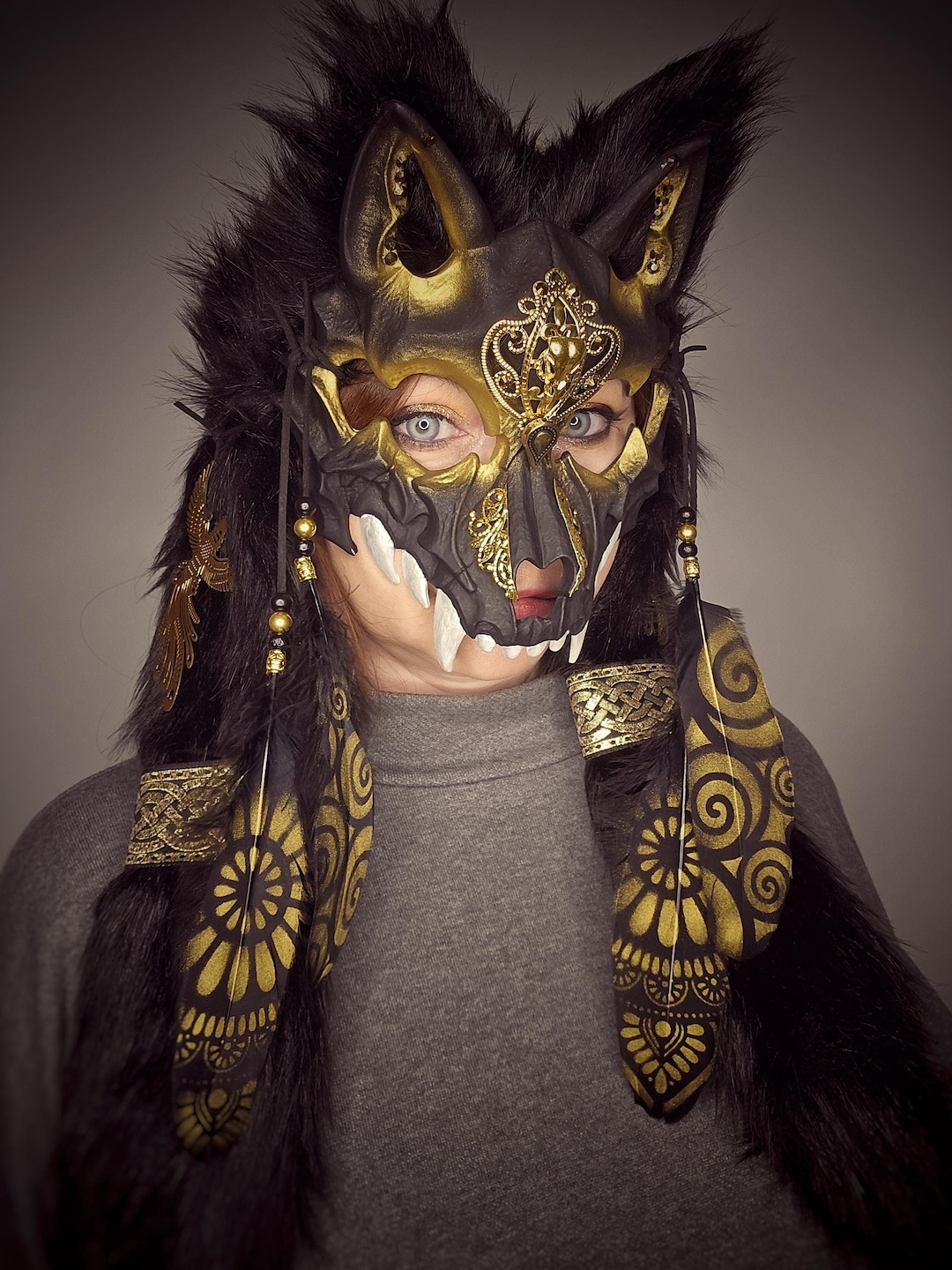 Tribal Black&gold Firebird Wolf Mask Headdress - Etsy