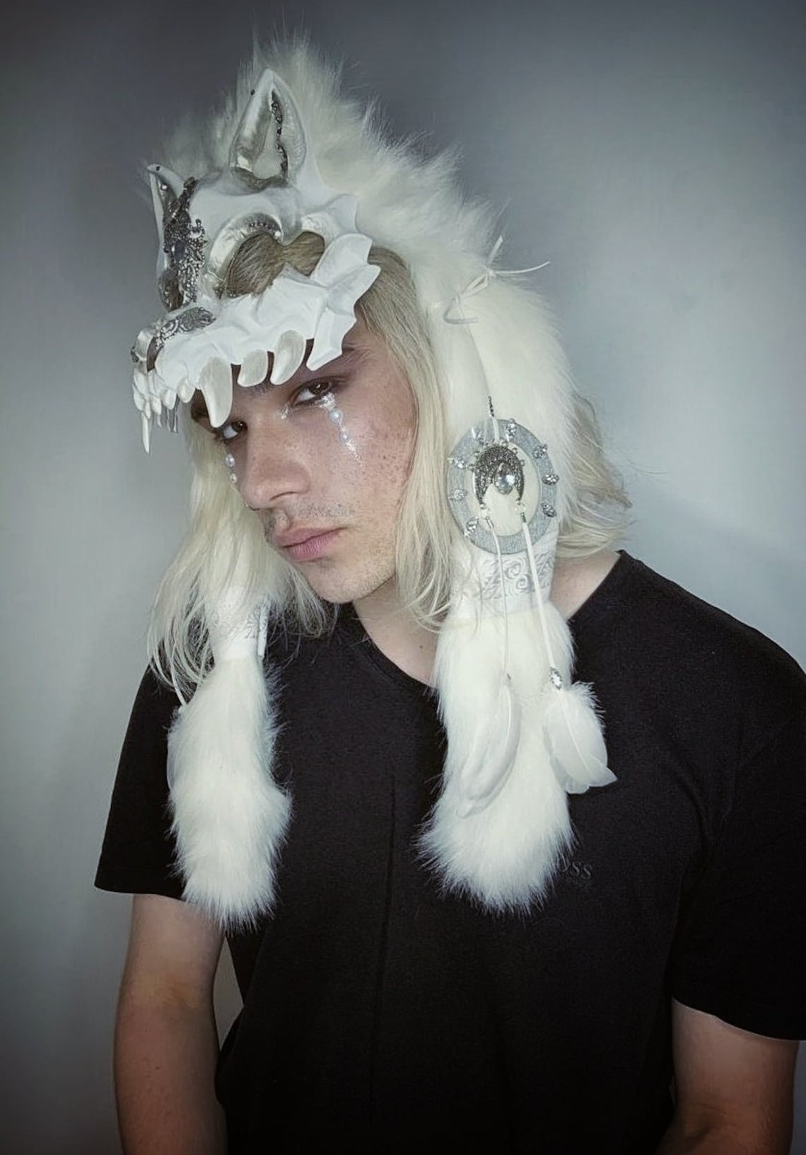 Unisex White Polar Wolf Skull Mask Faux Fur Headdress With - Etsy