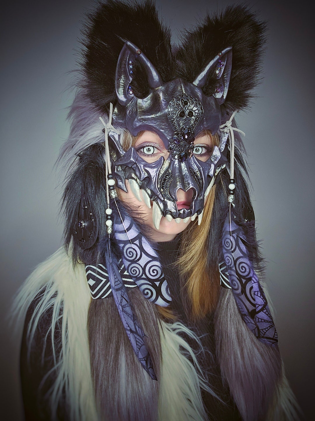 Tribal Amethyst Black Wolf Mask Faux Fur Headdress - Etsy