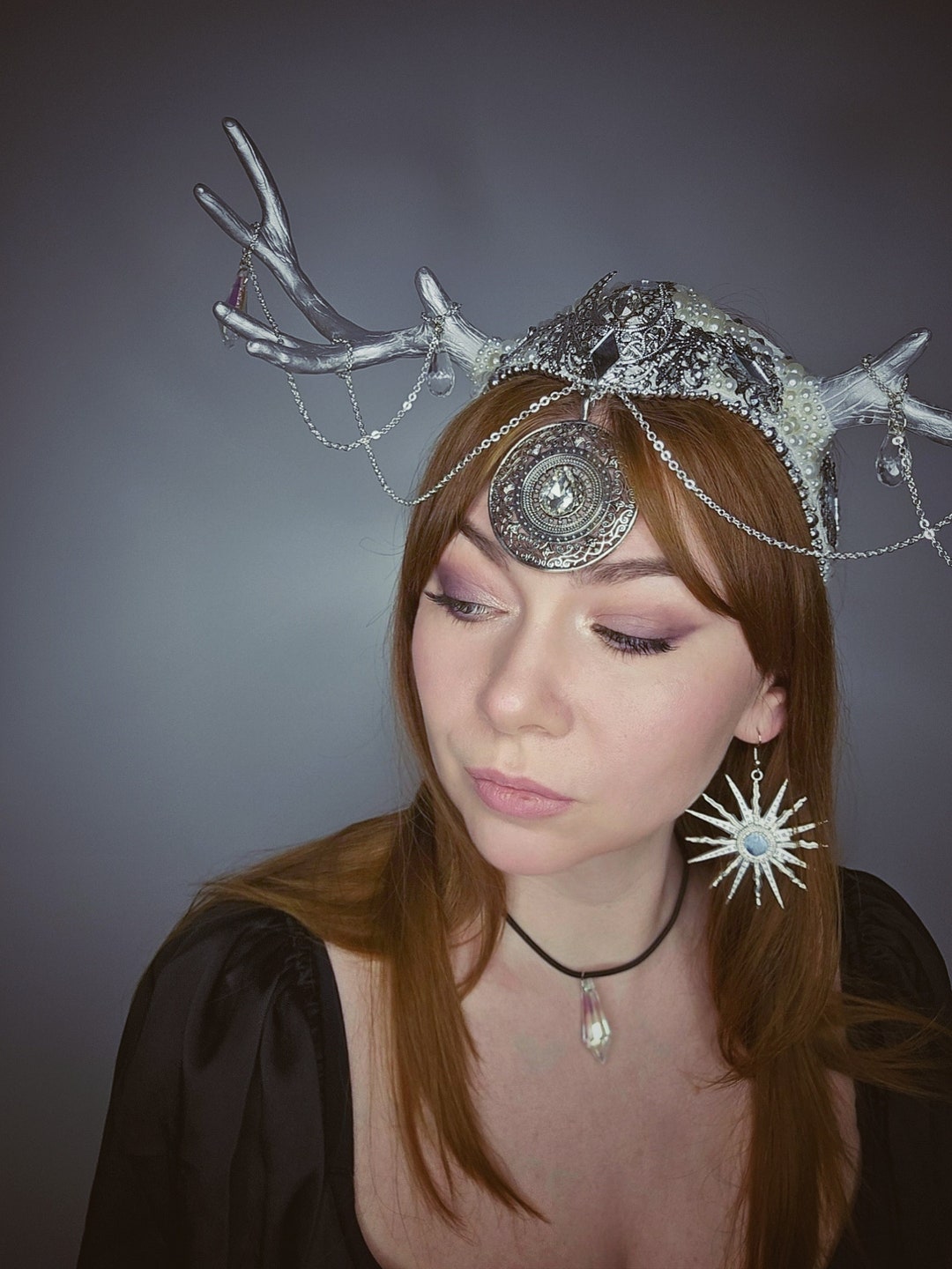 Silver Deer Antlers With Sparkling Rhinestones, Pearls, Chains and ...