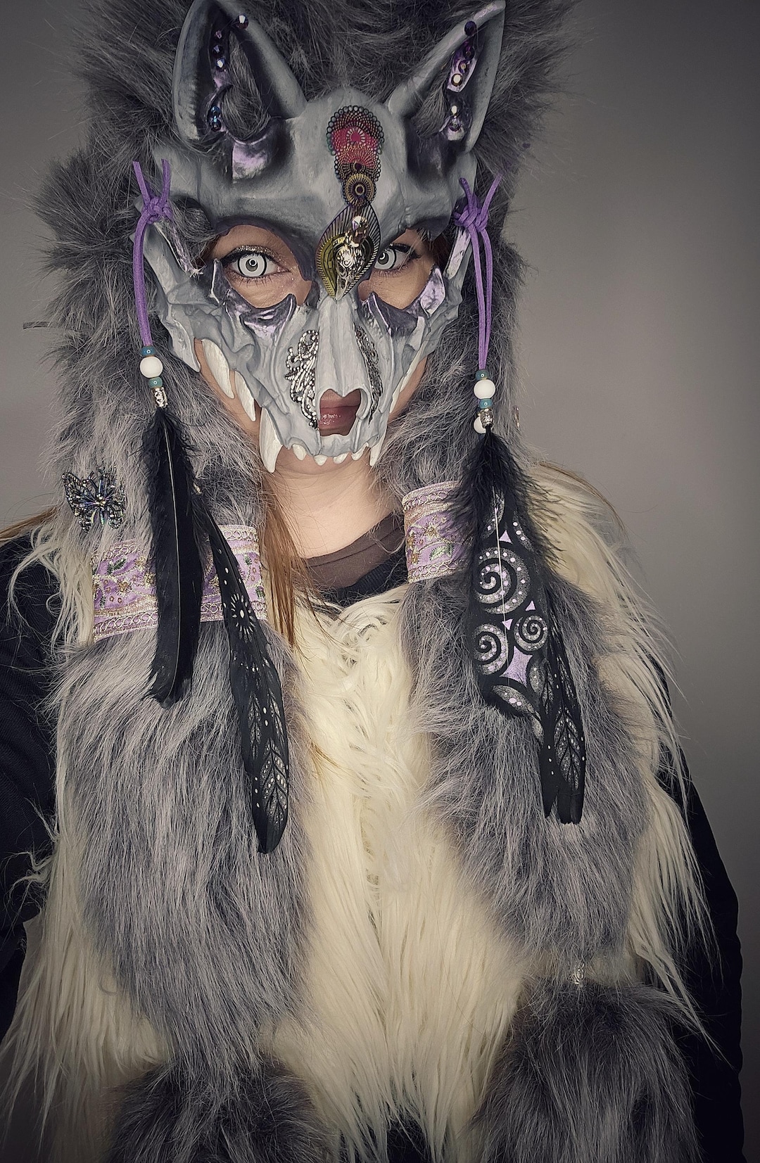 Tribal Smoky Grey&purple Wolf Mask Headdress - Etsy