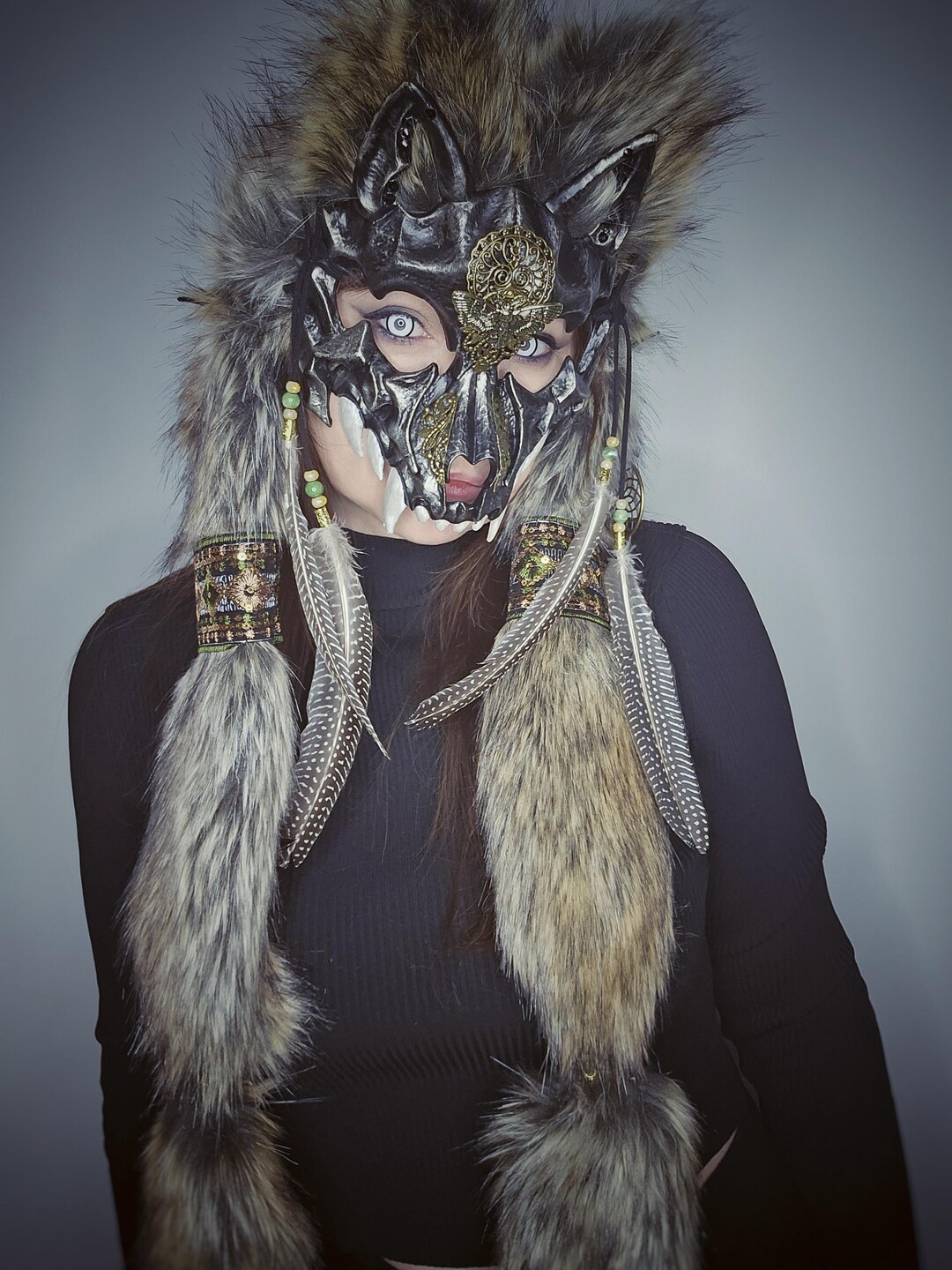 Hawk Moth Wolf Mask Headdress With Antique Gold Filigree - Etsy