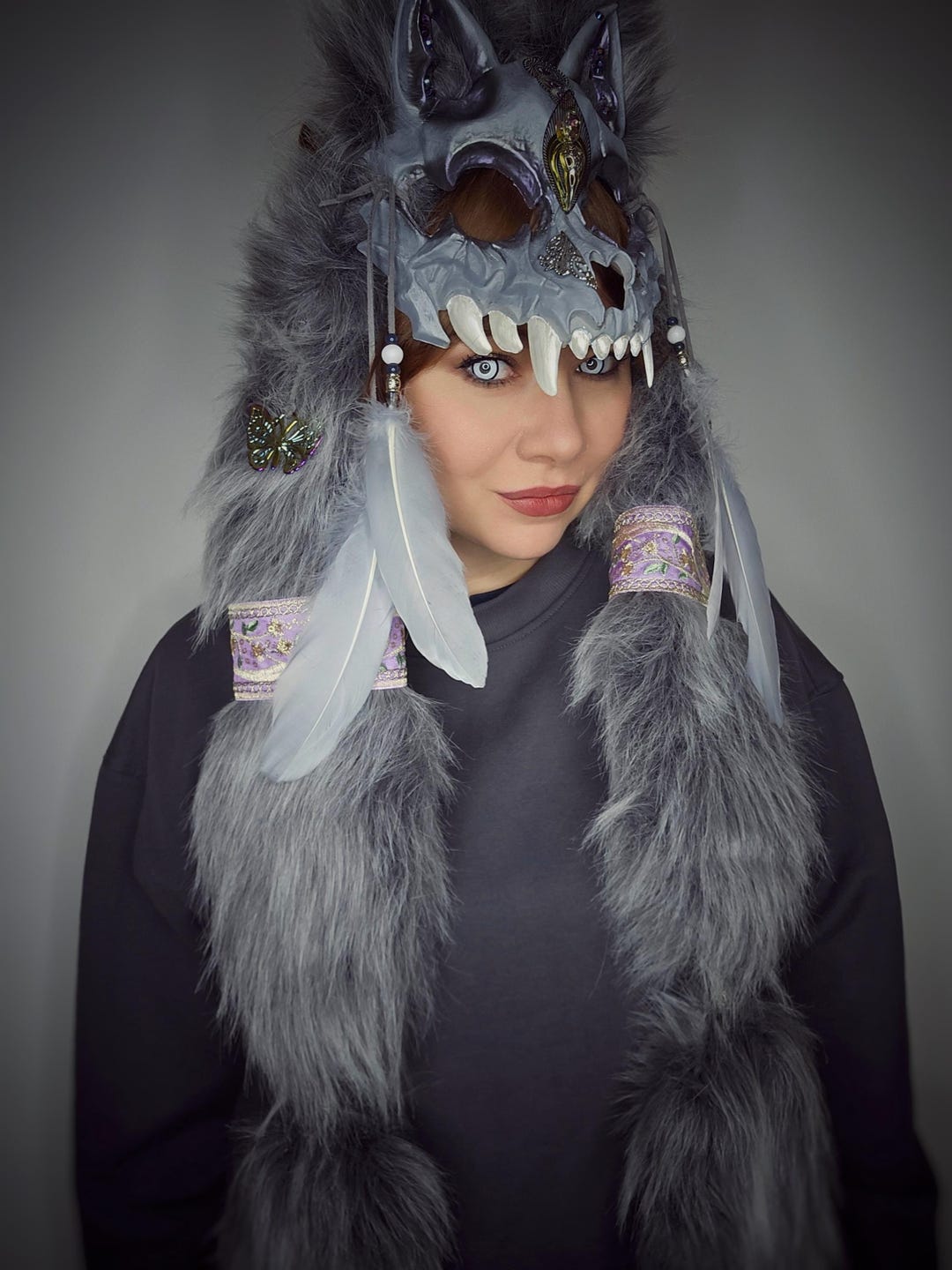 Tribal Smoky Grey&purple Wolf Mask Headdress - Etsy