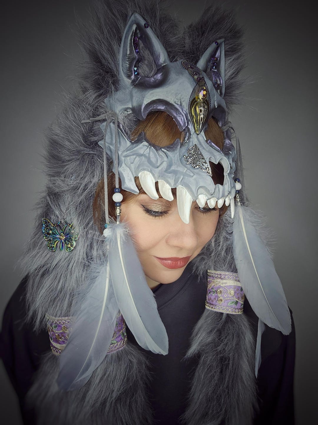 Tribal Smoky Grey&purple Wolf Mask Headdress - Etsy
