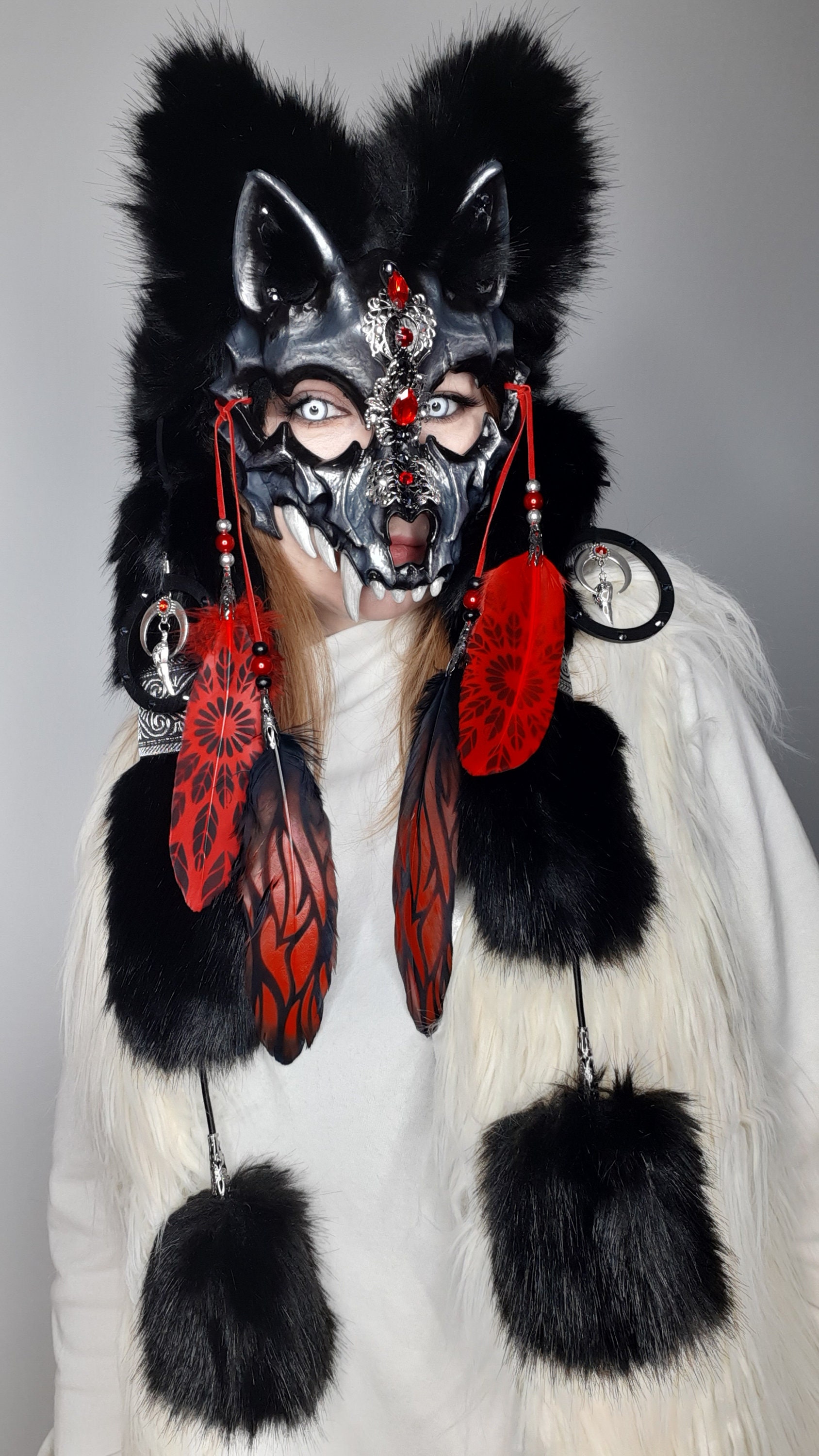 Tribal Black Wolf Skull Fur Headdress - Etsy