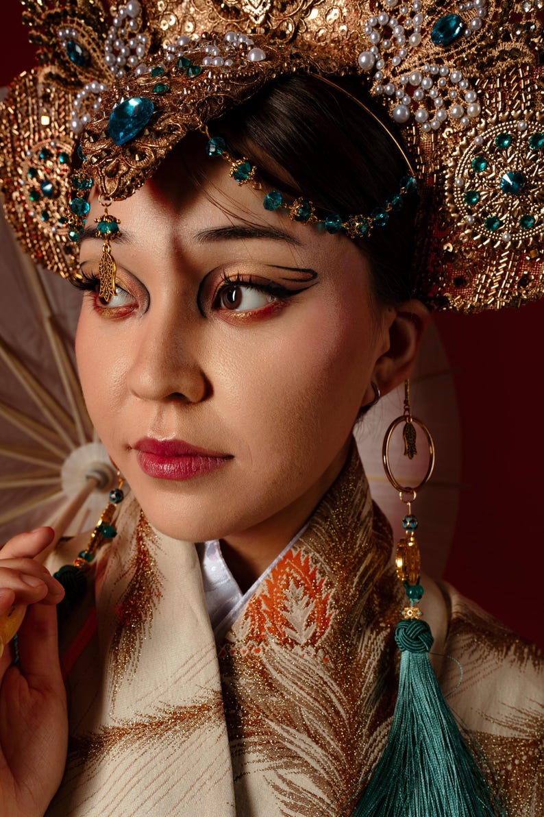 Geisha Inspired Golden Asian Princess Crown With Turquoise Gems - Etsy