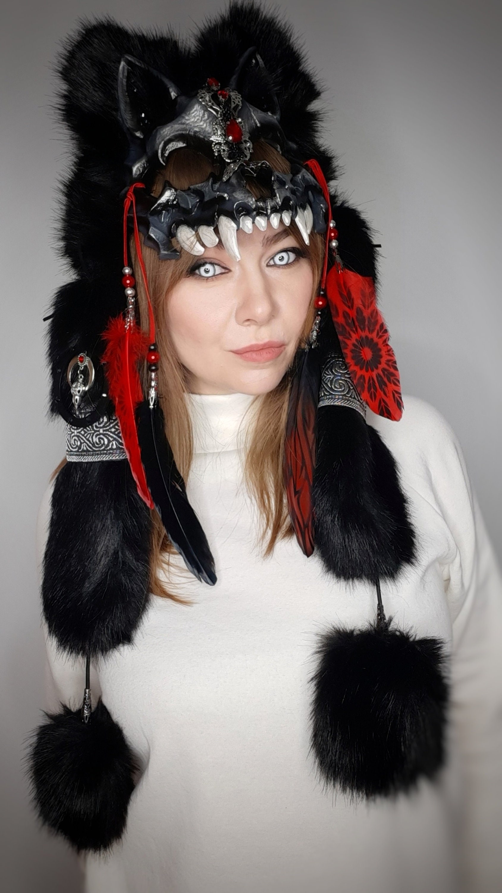 Tribal Black Wolf Skull Fur Headdress - Etsy