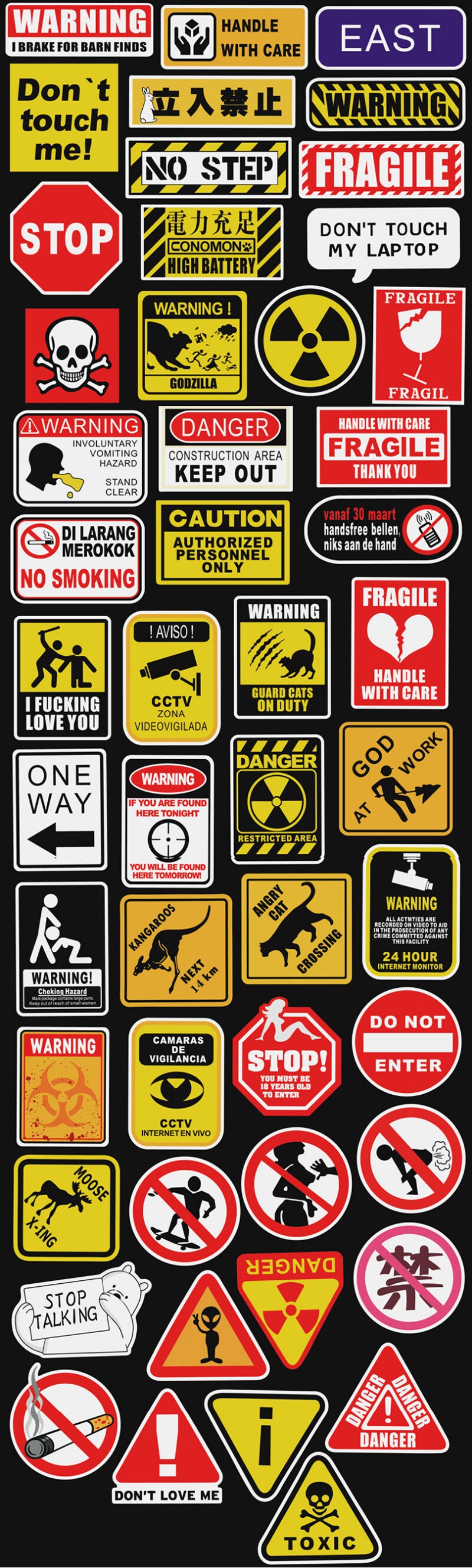 50pcs Warning Signs Pack 1 Cartoon Diary Kid VSCO Vinyl Sticker ...
