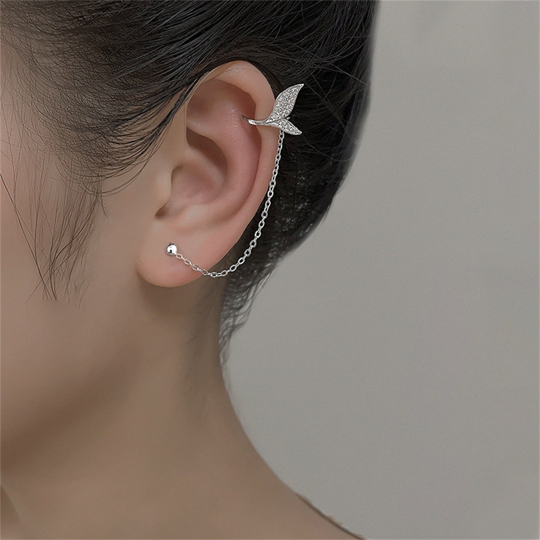 Tiny Fish Tail Silver Ear Cuff Chain Earrings, Mermaid Ear Cuffs, Chain ...