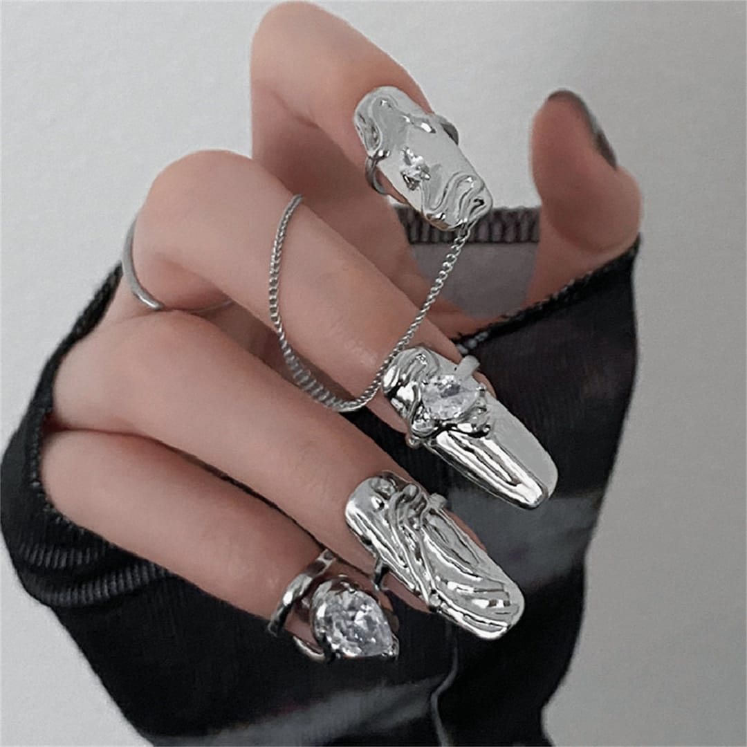 4pcs Silver Nail Ring Set, Fingertip Ring, Nail Art, Open Adjustable ...