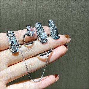 4pcs Silver Nail Ring Set, Fingertip Ring, Nail Art, Open Adjustable ...