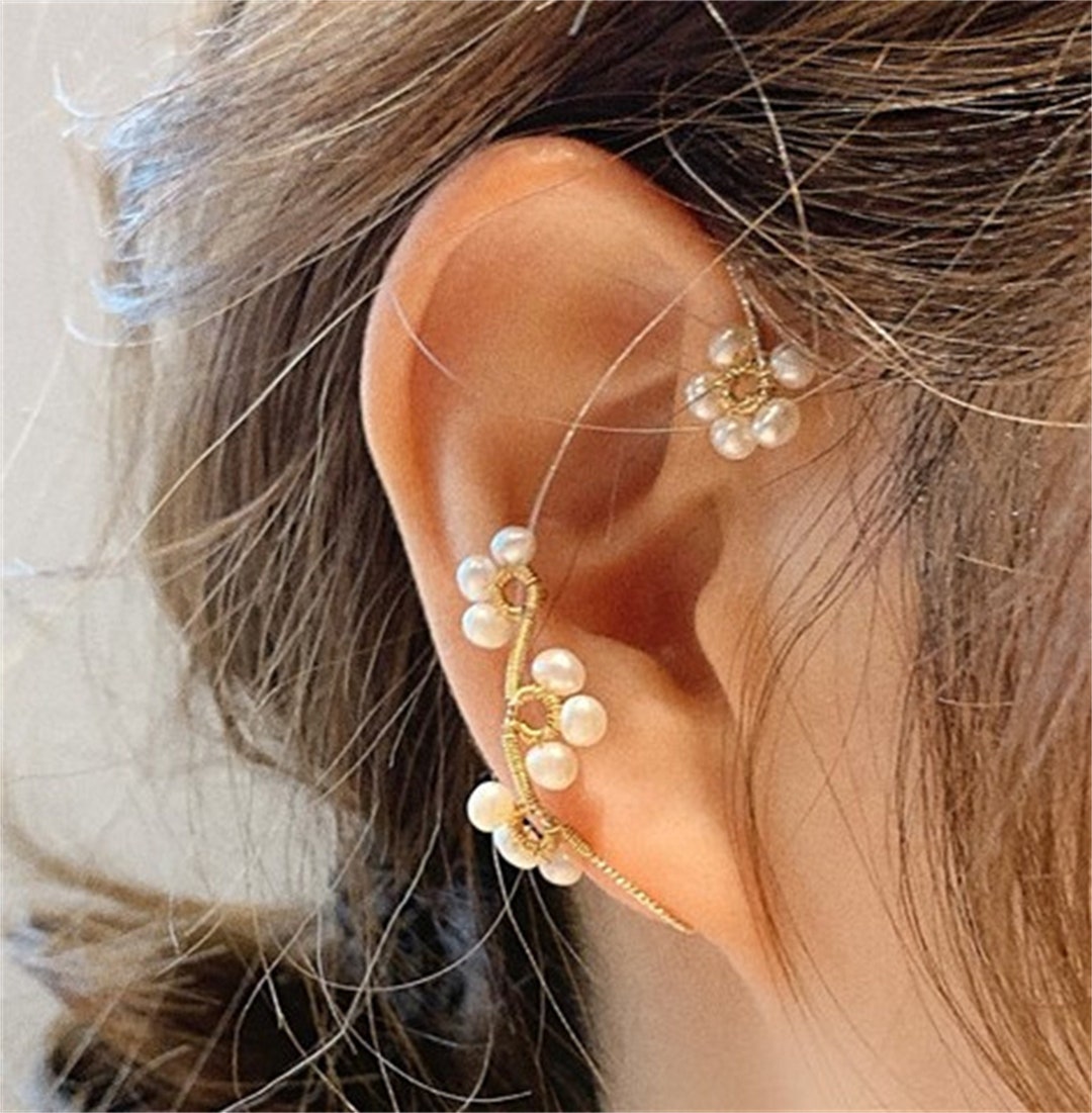 Freshwater Pearl Ball Beaded Ear Cuff 14K Gold Plated Full - Etsy