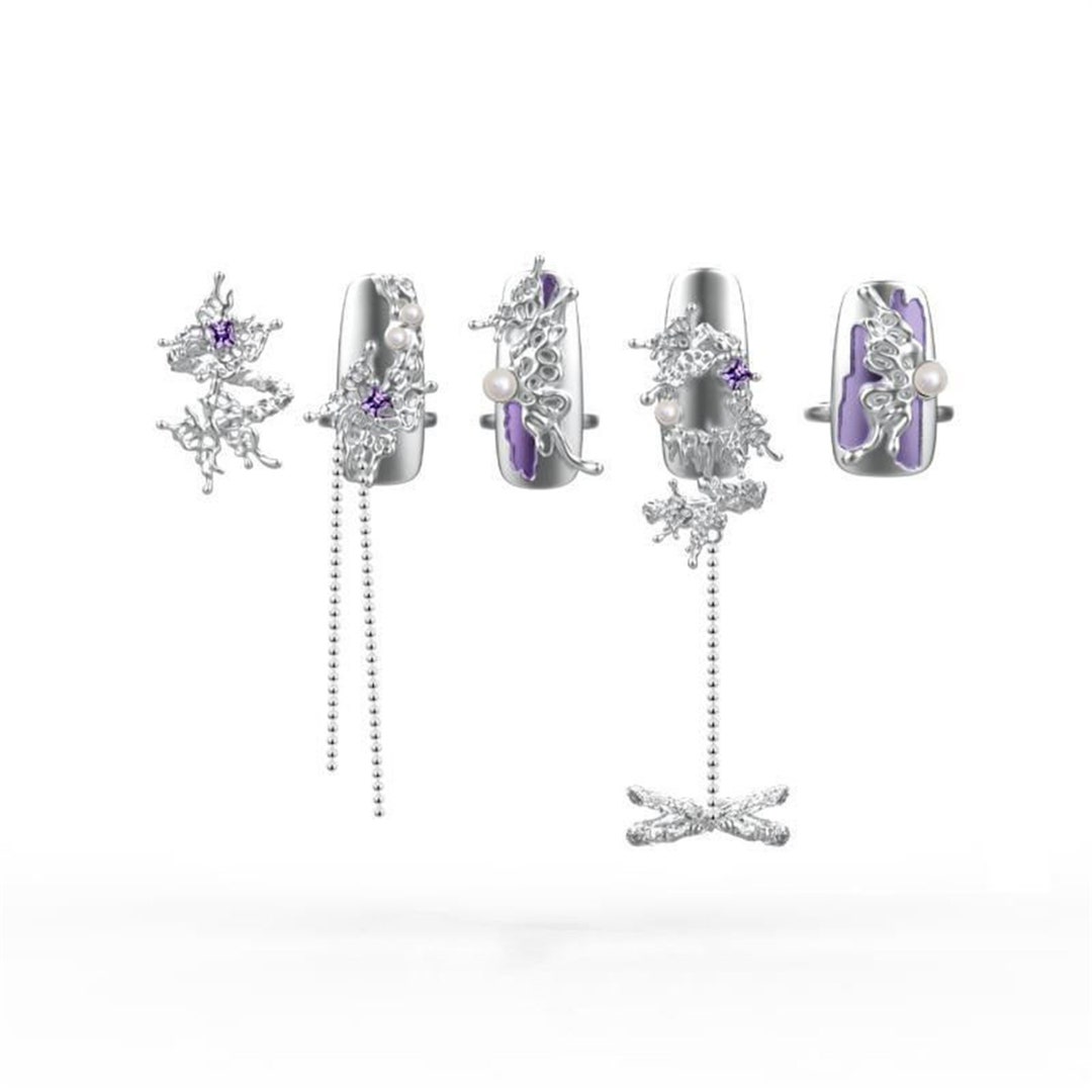 5pcs Set Purple Butterfly Tassel Nail Ring Set, Fingertip Ring, Nail ...