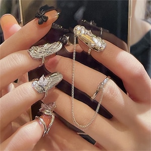 4pcs Silver Nail Ring Set, Fingertip Ring, Nail Art, Open Adjustable ...