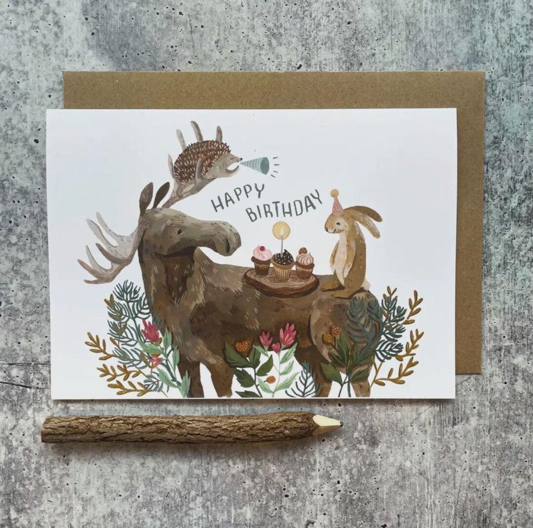 Birth Card, Congratulations Card, Happy Birthday - Moose and Rabbit - Etsy