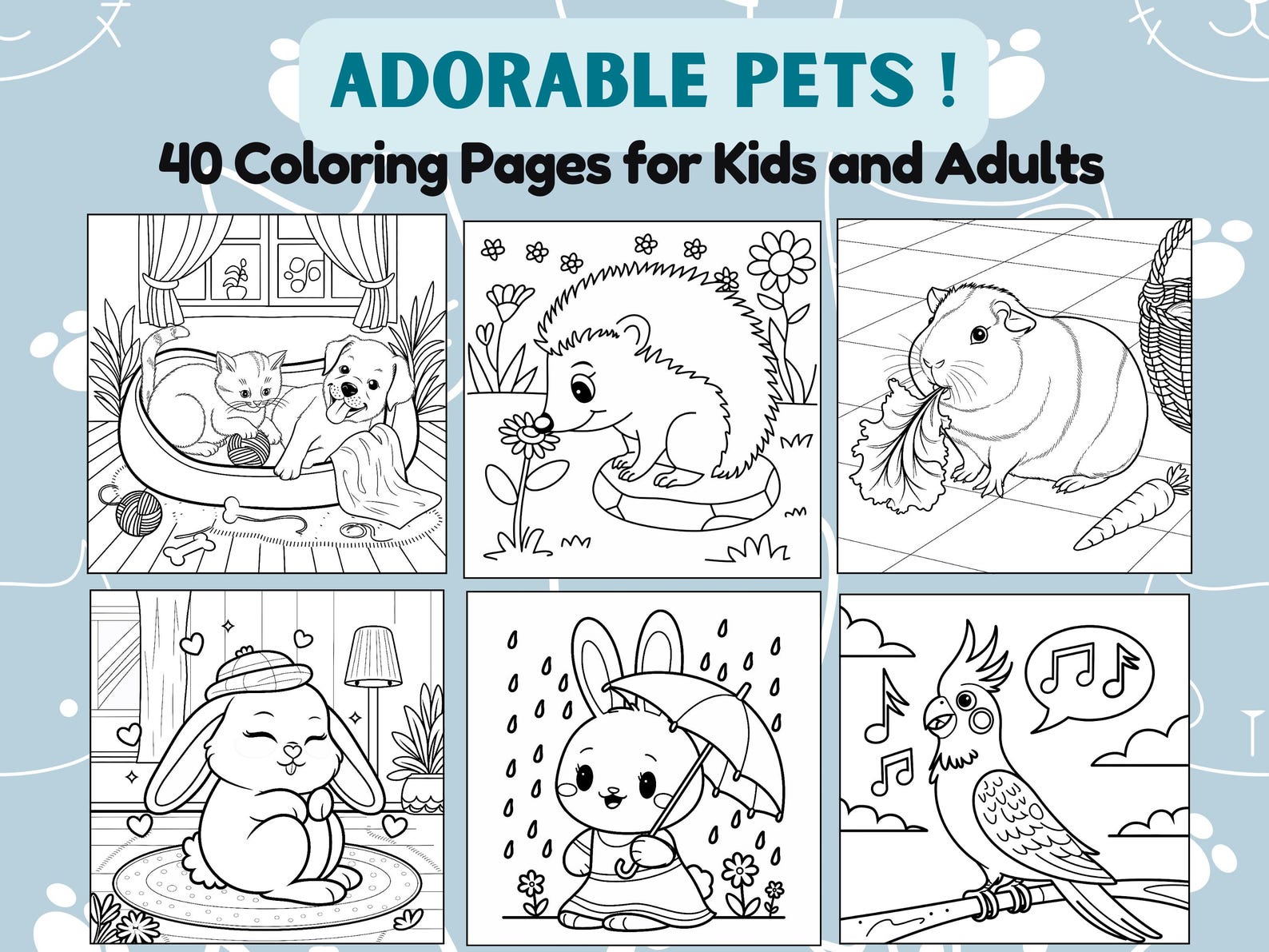 Adorable Pets Coloring Pages for Kids and Adults: Cute Animals Such as ...