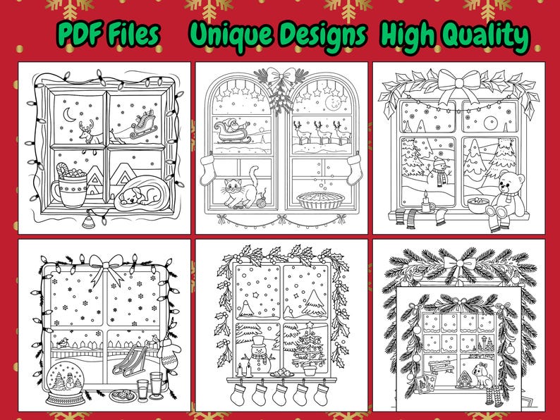 Cozy Christmas Window Coloring Pages for Kids and Adults| Enjoy the ...
