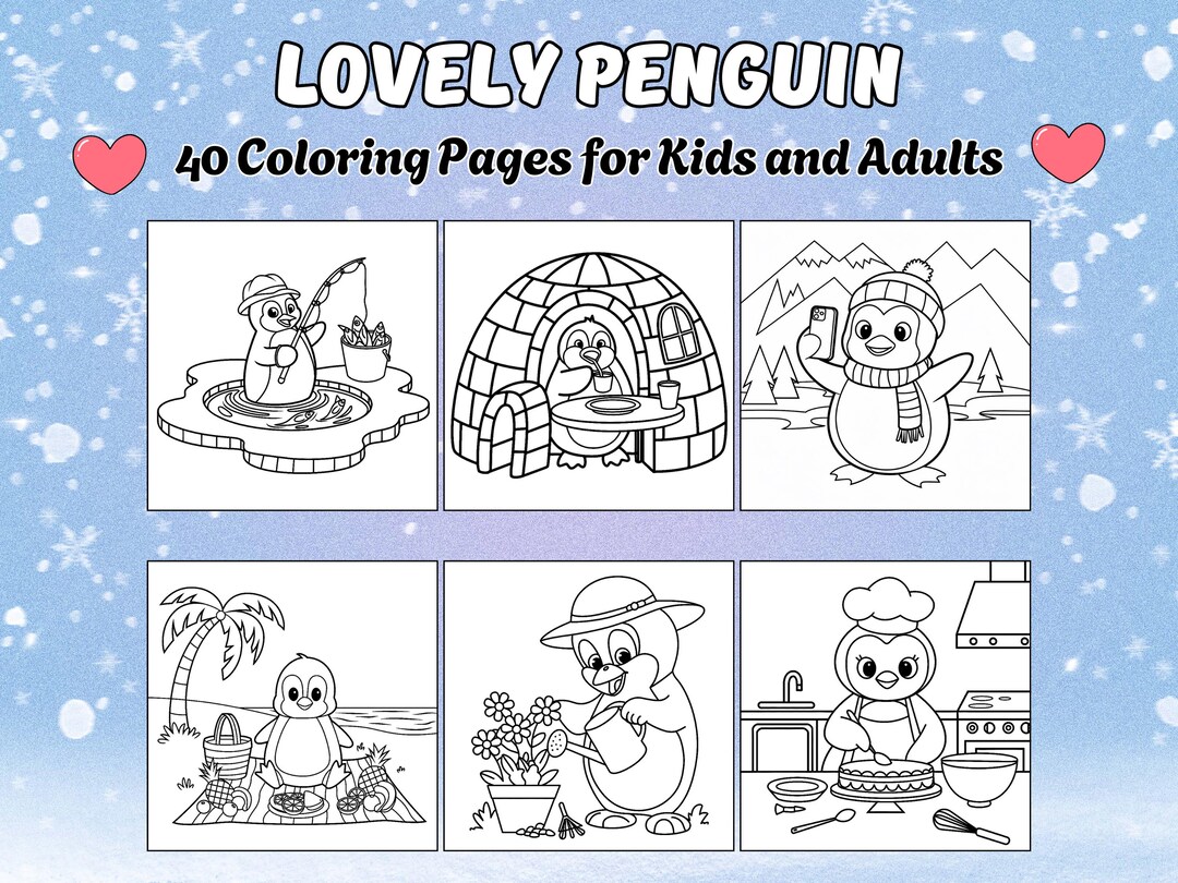 Lovely Penguin Coloring Pages for Kids and Adults | Cute Winter Animal ...