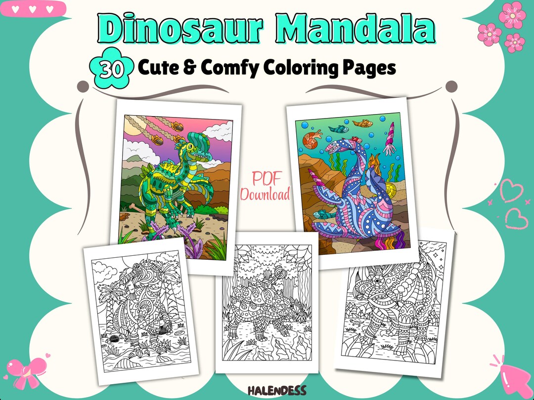 Dinosaur Mandala Coloring Pages: Stress Relief Art (PDF Downloadable ...