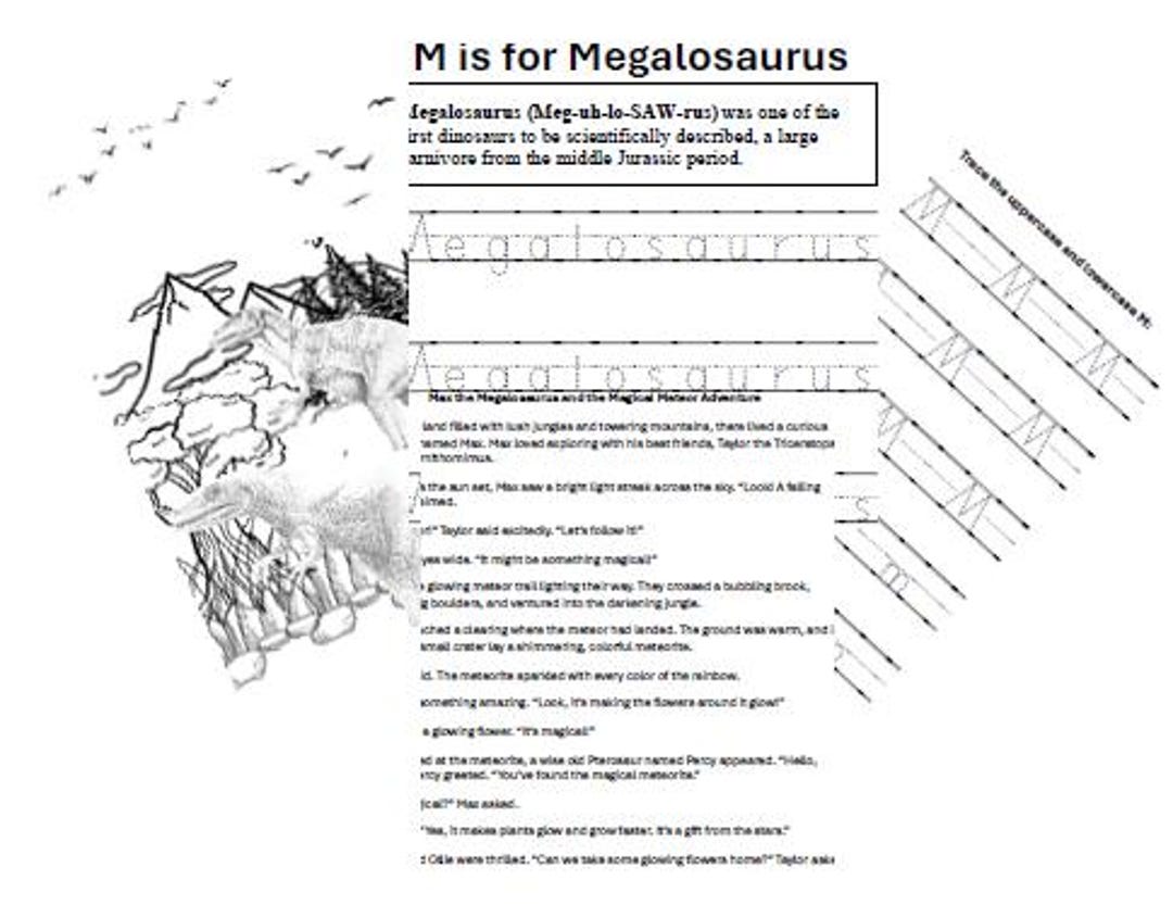 M is for Megalosaurus Dinosaur Alphabet Tracing & Coloring Pages - Etsy