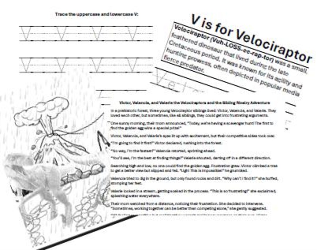 V is for Velociraptor Dinosaur Alphabet Tracing & Coloring Pages - Etsy