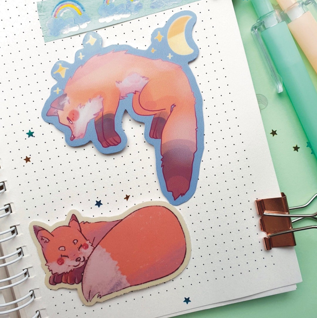 Fox Sticker, Kitsune Fox Sticker, Red Fox, Mini Sticker Pack, Moon and ...