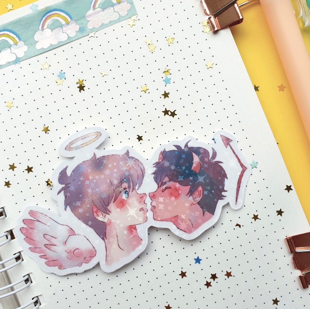 Cute Anime Boy Yaoi Sticker Angel Wings Red Devil Horn Boy's Love ...