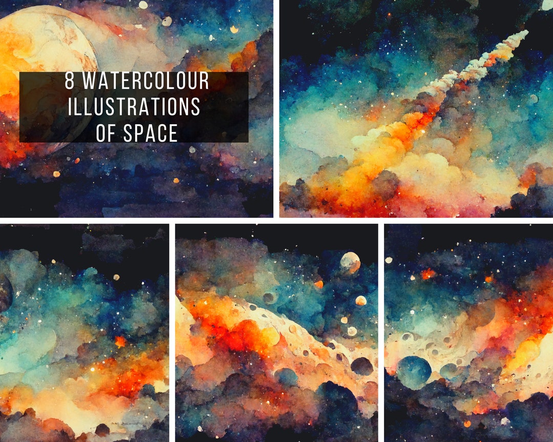 8 Watercolor Illustrations of Space Wall Art Social Media - Etsy