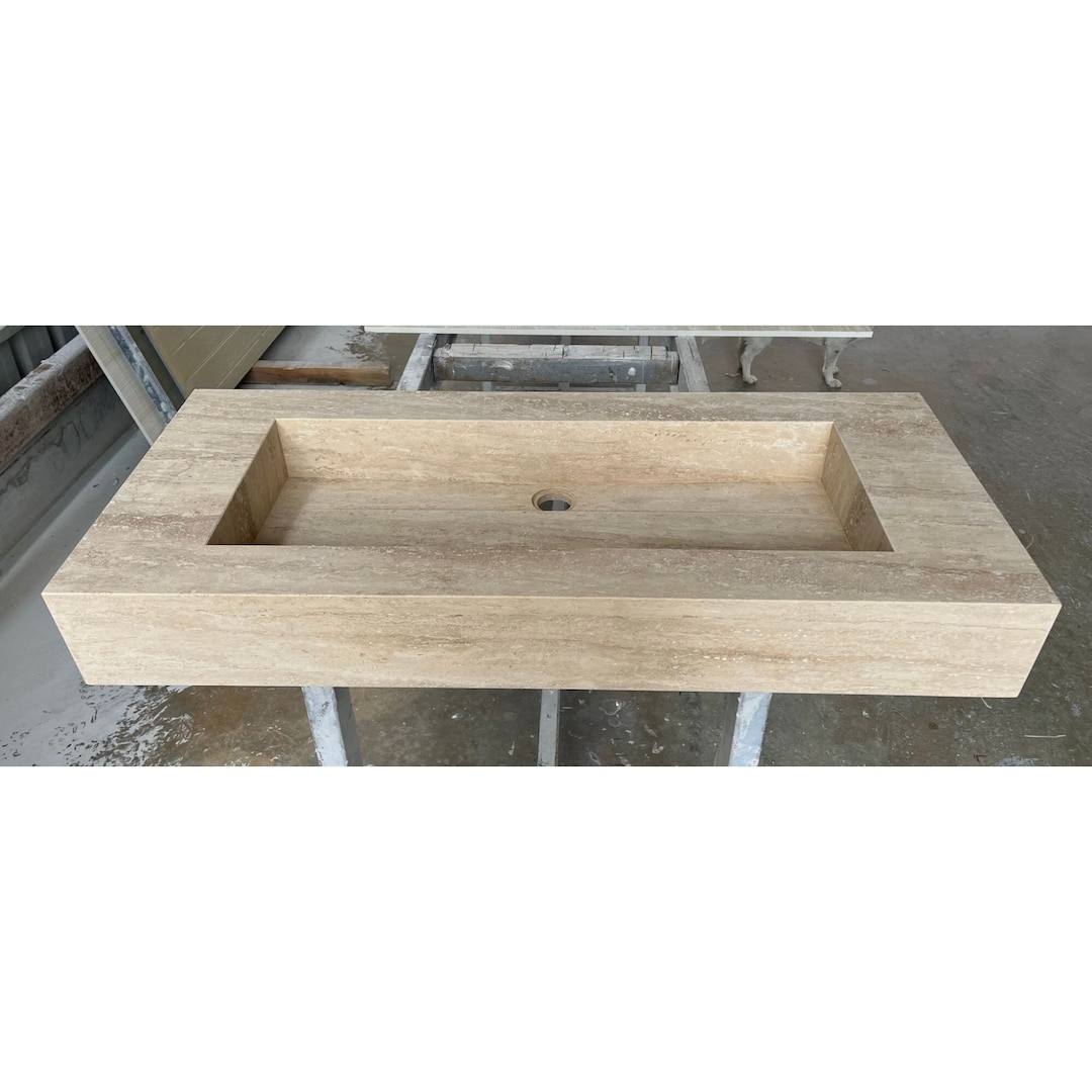 Custom Travertine Trough Sink, Handmade Beige Travertine Sink, Vein Cut ...