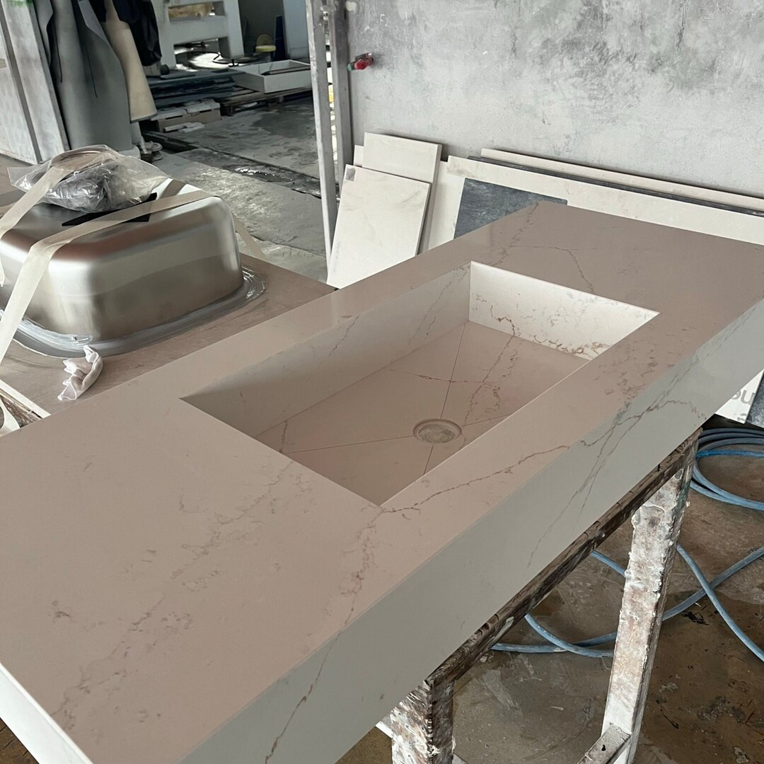 Sink Integrated Custom Etheral Glow Quartz Countertop, Marble Look ...