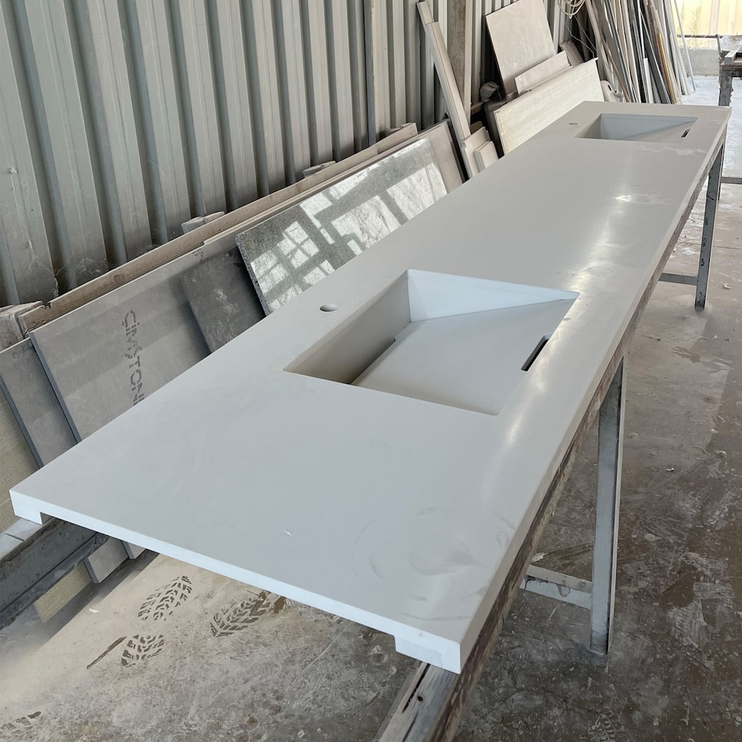 Custom Double Sink Integrated Custom Quartz Countertop, Double Kitchen ...