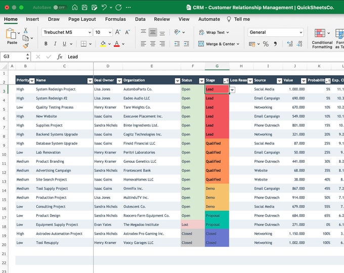 CRM Excel Template | Client Tracker Spreadsheet | Customer Relationship ...