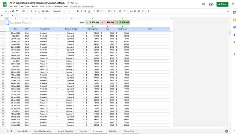 Small Business Bookkeeping Template | Google Sheets | Income and ...