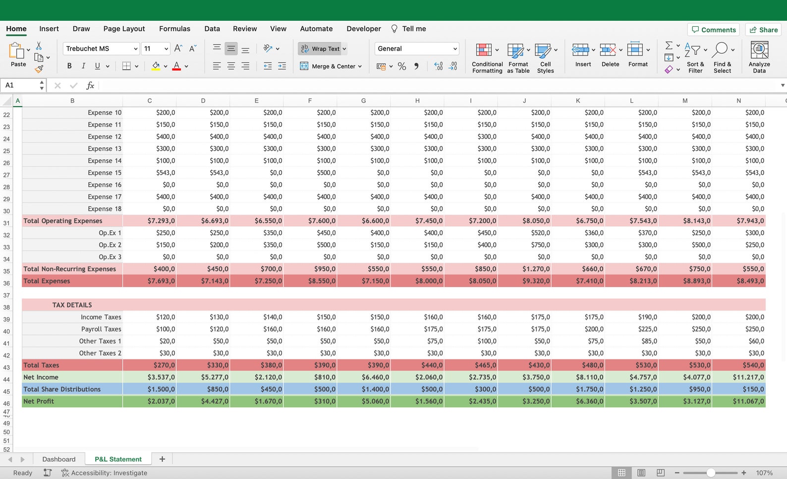 Profit and Loss Statement Excel Template | Financial Spreadsheet ...