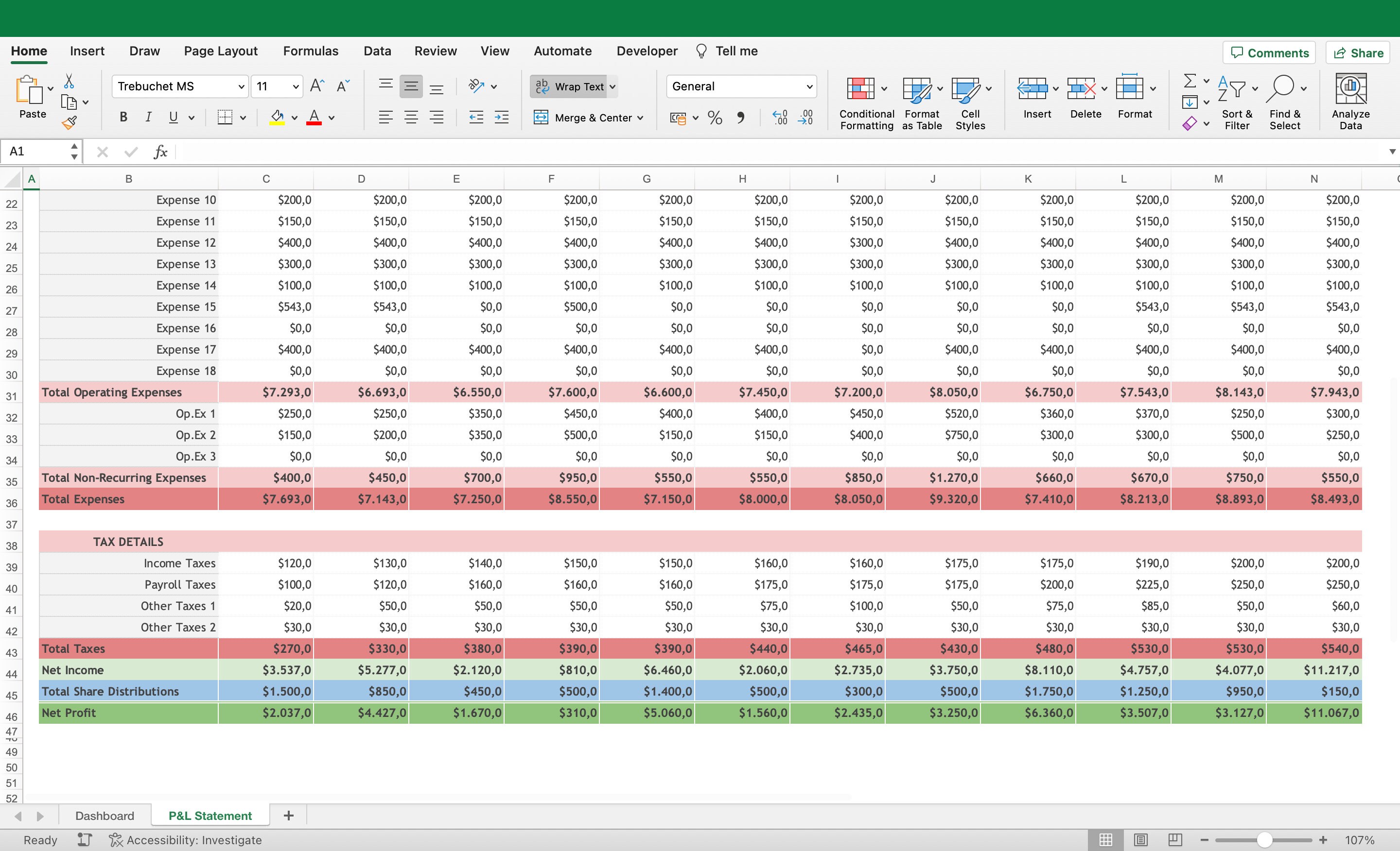 Profit and Loss Statement Excel Template | Financial Spreadsheet ...