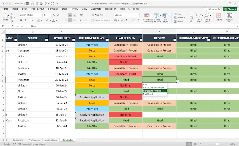 Recruitment Tracker Excel Template | Applicant Tracking Spreadsheet ...
