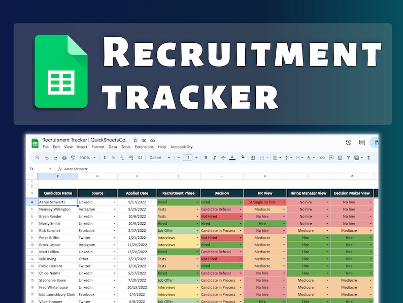 Recruitment Tracker Google Sheets | Applicant Tracking Spreadsheet ...