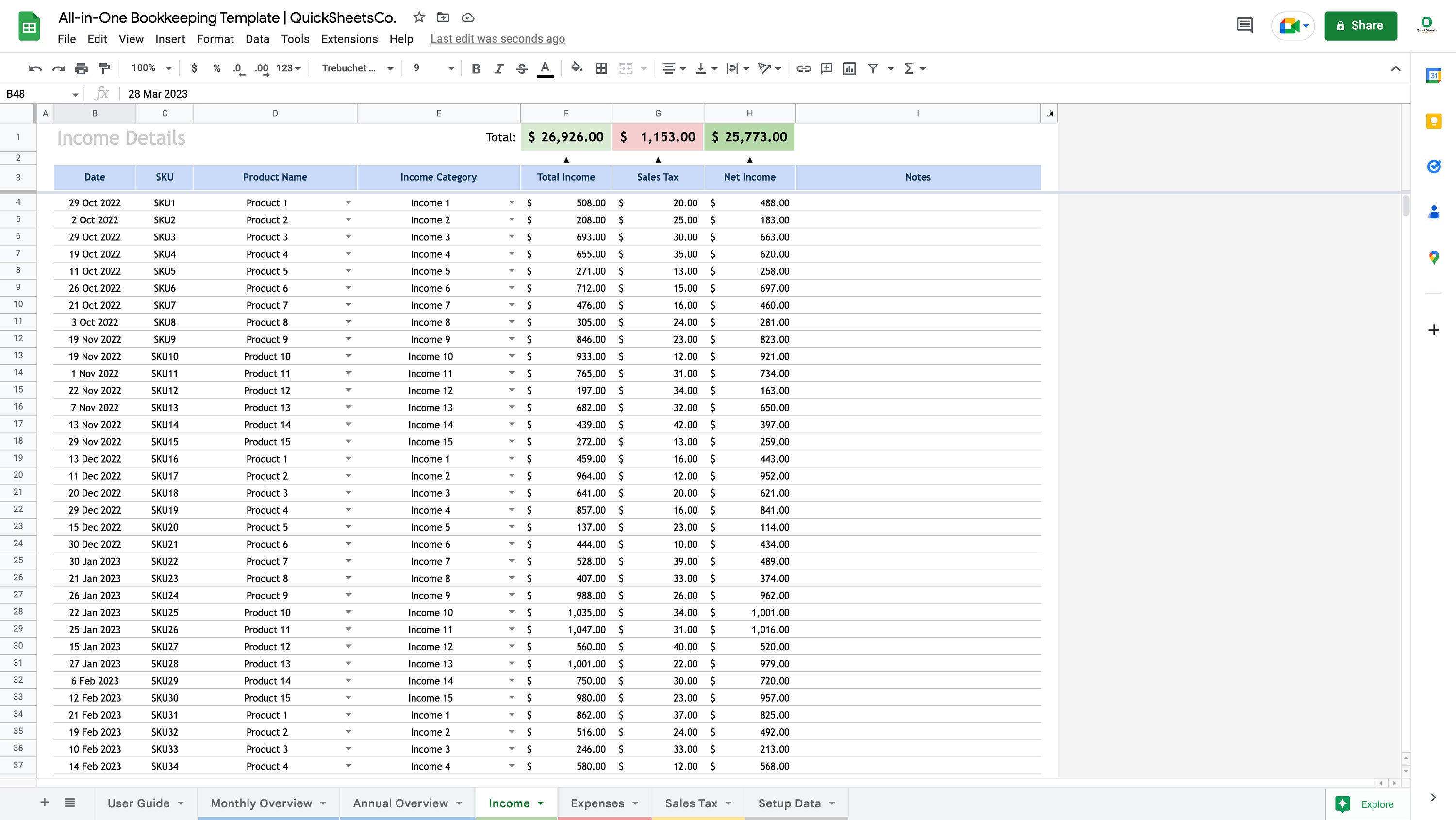 Small Business Bookkeeping Template | Google Sheets | Income and ...