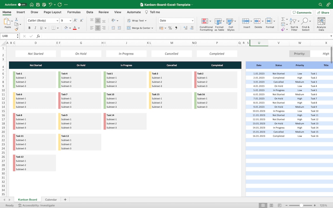 Kanban Board Excel Template Task Tracker Project - Etsy