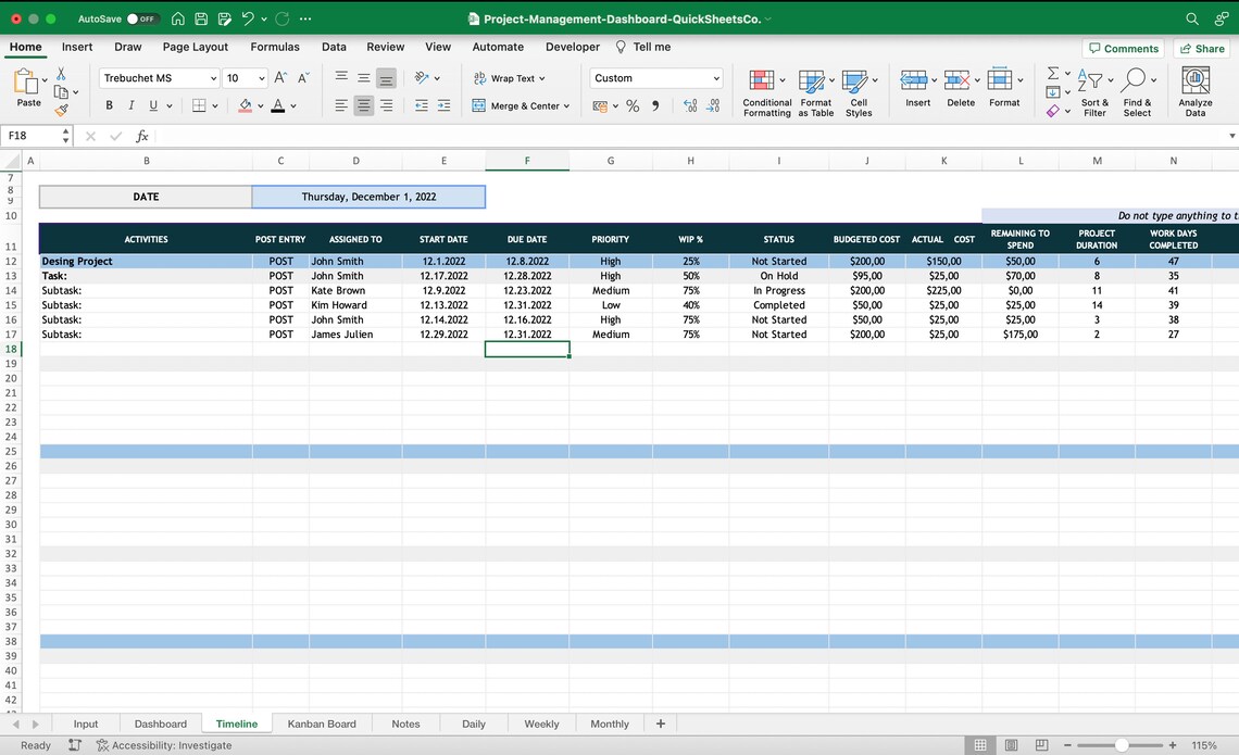 Project Management Dashboard Excel Template | Automatic Dashboard ...