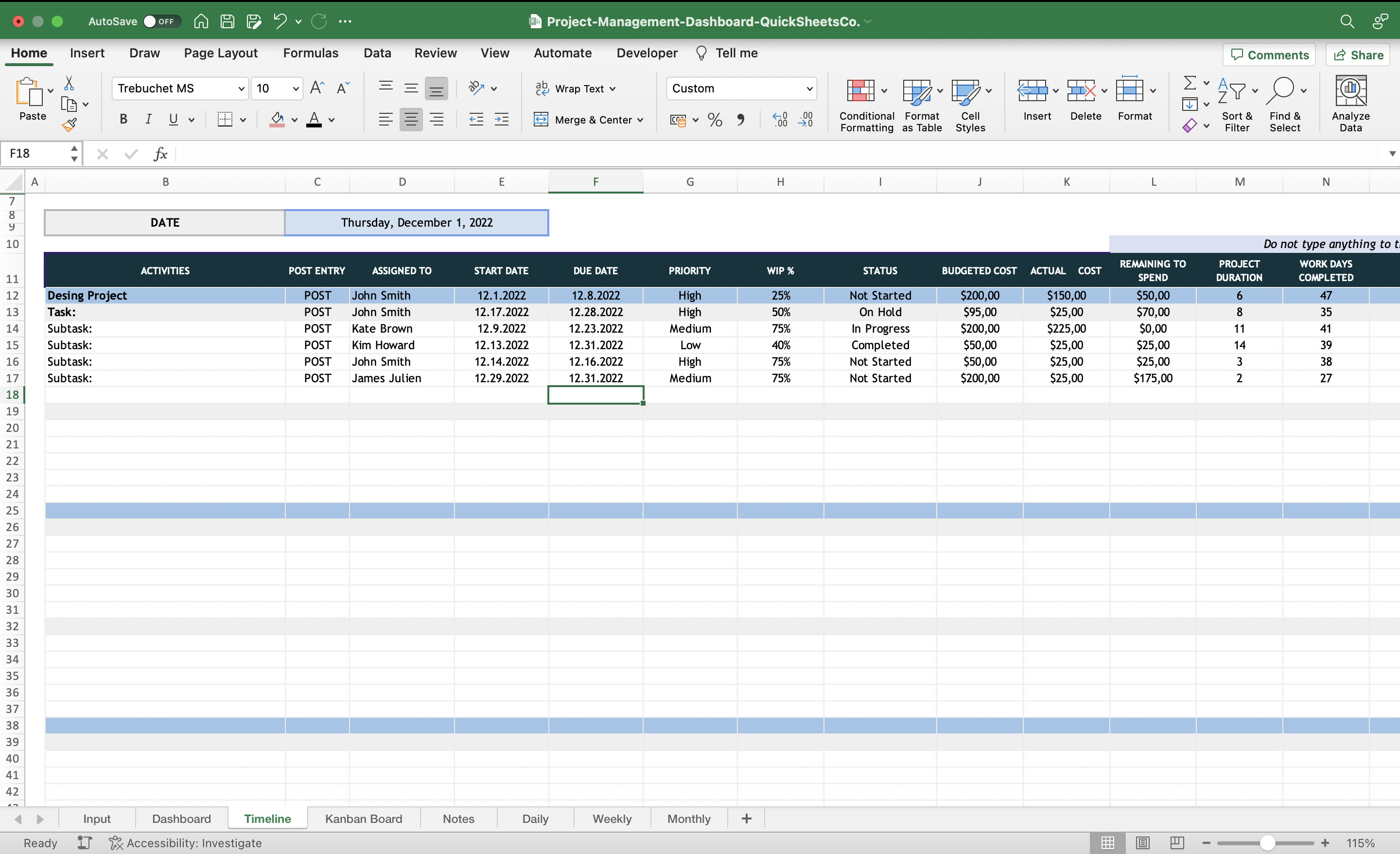 Project Management Dashboard Excel Template | Automatic Dashboard ...