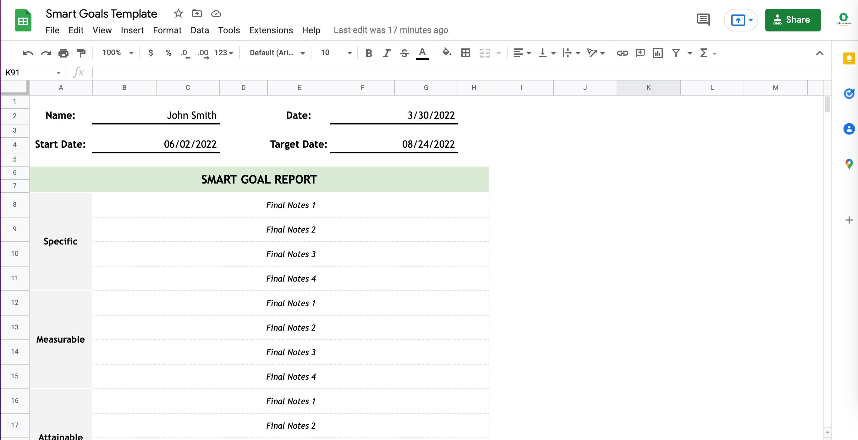 Smart Goals Analysis Template | Google Sheets | Download Smart Goals ...